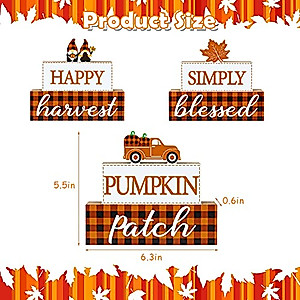 Fall Thanksgiving Decorations for Home, 3 PCS Buffalo Plaid Fall Table Decor Wooden Fall Signs - Harvest Blessed Pumpkin Patch, Farmhouse Fall Thanksgiving Decor for Tabletop Centerpieces Mantle Shelf