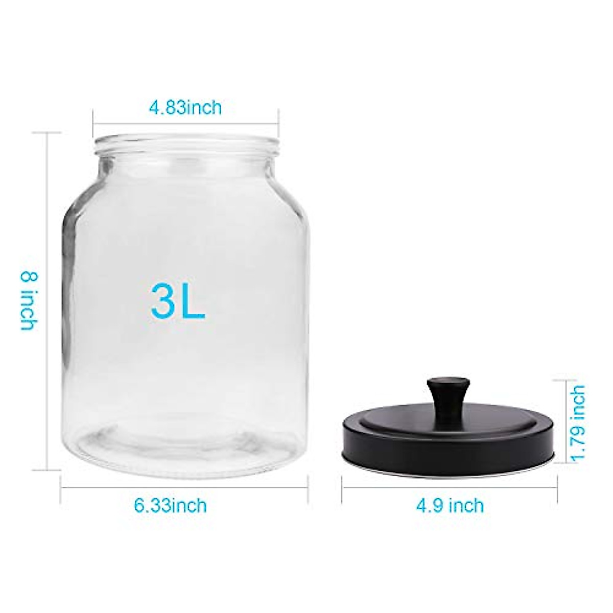 Glass Jars With Sealed Lids,Clear Glass Food Storage Container with Black Brushed Metal lids,100 OZ(Set of 3)