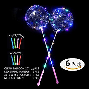 LED Light Up Bobo Balloons with Sticks 6 Packs, Flashing Handles,20 Inches Transparent Bubble Balloons,70 cm Sticks, Event Birthday Party Decoration