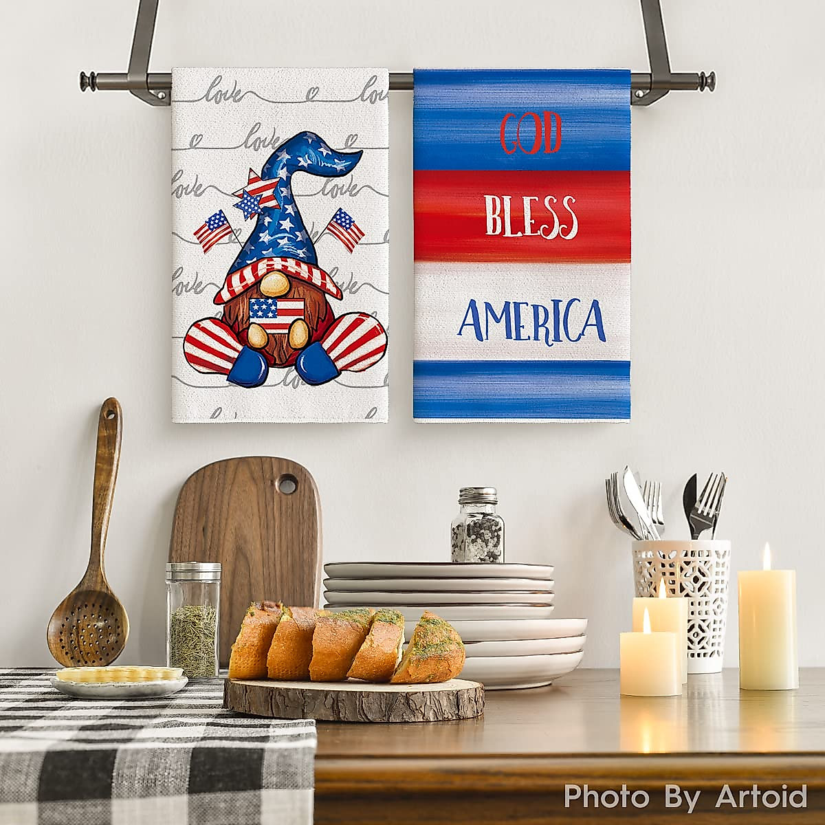 Artoid Mode Watercolor American Flag Gnome Truck 4th of July Kitchen Towels Dish Towels, 18x26 Inch Patriotic Decoration Hand Towels Set of 4