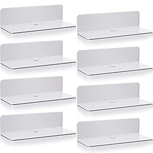 Yulejo 9 Inch Floating Shelves Acrylic Wall Mounted Shelf Acrylic Display Shelf Self-Adhesive Wall Shelves for Bedroom, Gaming Room, Living Room, Bathroom, Office with Cable Clips (White,8 Pieces)