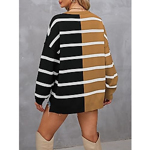 MEROKEETY Women's Fall Striped Oversized Pullover Sweaters 2024 Long Sleeve Color Block Casual Knit Tops, Brown, Large