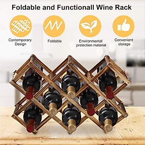 GADIEDIE 10 Bottles Capacity Foldable Free Standing Wooden Wine Rack Countertop Wine Racks,Storage Wine Rack, for Kitchen, Bars, Pantry, Wine cellars, Wine Storage cabinets ,Carbonized Wood Color