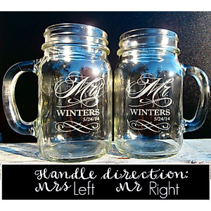 Custom Etched Mr. Mrs. Personalized Mason Mugs with Handle With Last Name and Date Set of 2, Clear