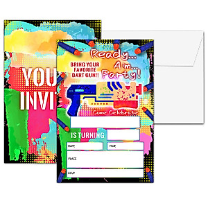 Chuxvon Dart Guns Birthday Party Invitations, Darts Birthday Invitation, Double-Sided Fill In Invites, Kids Dart Gun Birthday Party Decorations, 20 Cards With 20 Envelopes(C15)
