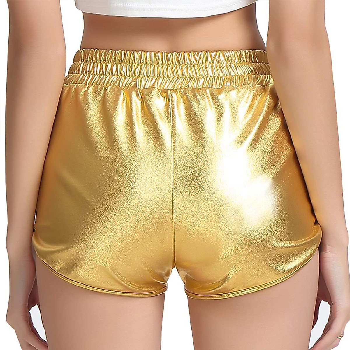 MAKARTHY Women's Metallic Shorts Elastic Waist Shiny Sparkly Rave Pants (Gold, Large)