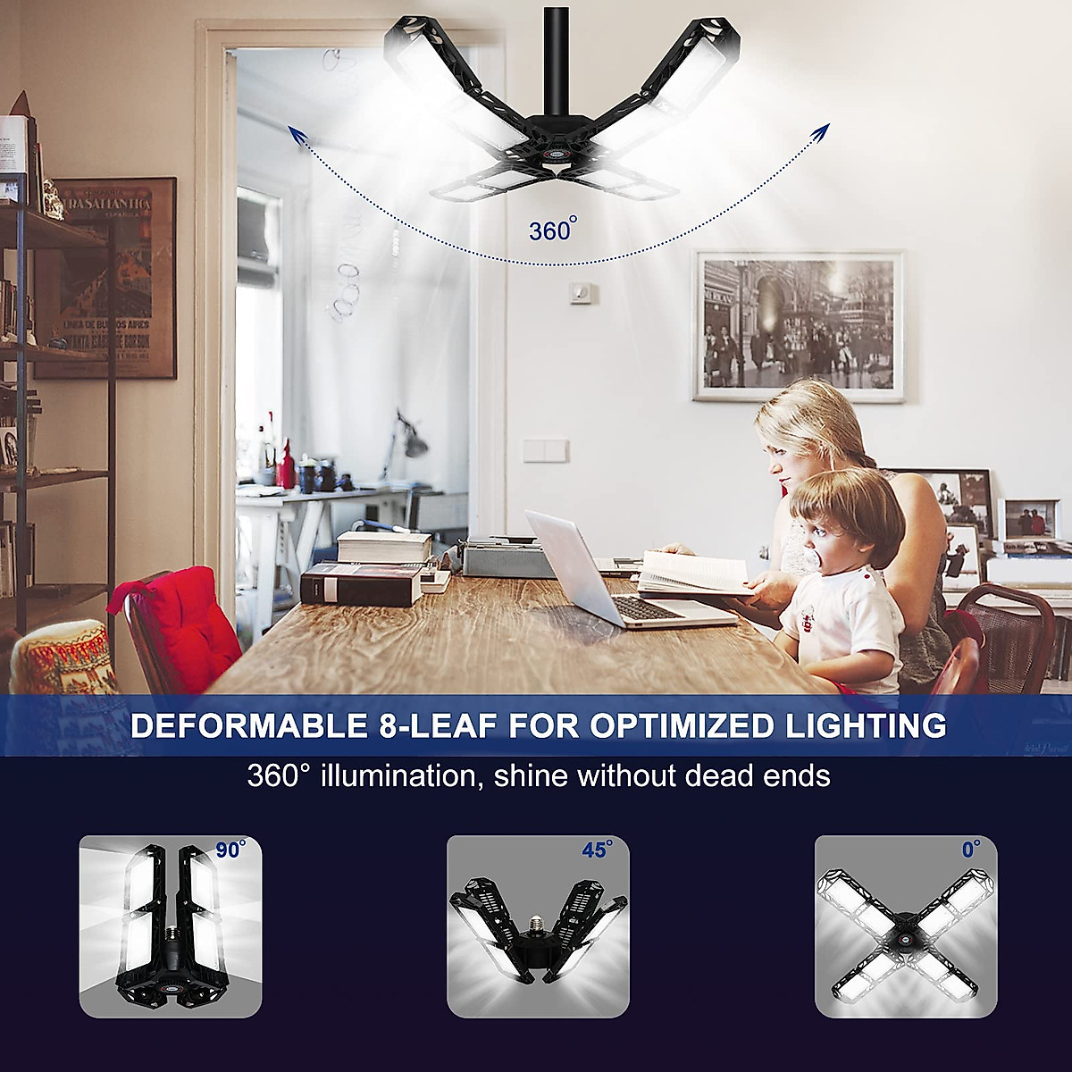 Garage Led Lights 2 Pack, 100W Super Bright LED Garage Lighting, 15000LM, 6500K LED Garage Ceiling Lights with E26/E27 Base, Easy Installation, 8-Leaf Deformable Lights for Garage, Workshop, Warehouse