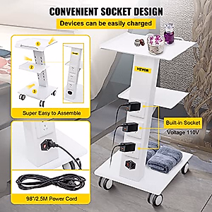 VEVOR Lab Trolley, Rolling Lab Cart w/Built-in Socket, 3 Layers Tray Rolling Clinic Cart, 360° Silent Rolling Wheels w/Foot Brake, 88 lbs Weight Capacity Sturdy Steel Frame, for Lab Clinic Salon