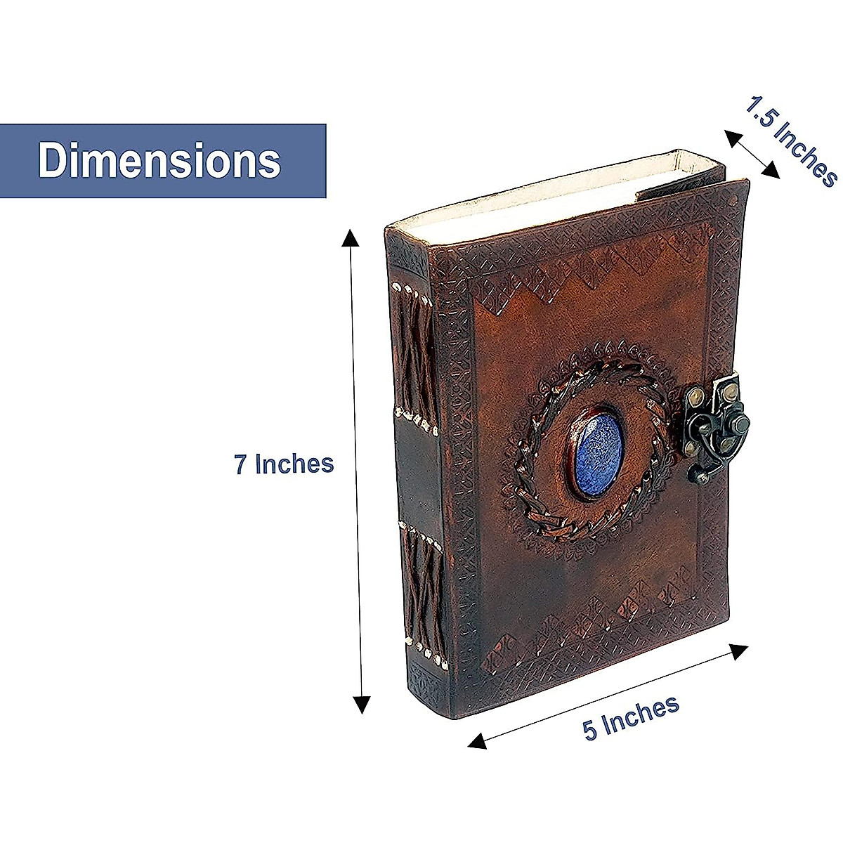 Antique Leather Journal, Leather Bound Writing pad, Blue Stone Embossed Blank Unlined Paper Notebook for Travel, Office, Thoughts, Sketching with Clasp, Vintage Gift for Men and Women Brown 7X5 Inches