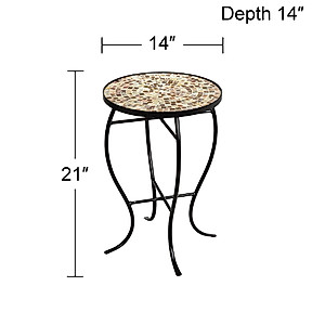 Teal Island Designs Mother of Pearl Modern Black Metal Round Outdoor Accent Side Table 14" Wide Natural Mosaic Tile Tabletop Gracefully Curved Legs for Spaces Porch Patio Home House Balcony Deck