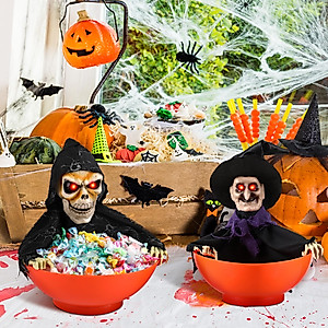 Roshtia 2 Pcs Halloween Candy Bowl Animated Skeleton and Witch Candy Bowl with LED Eyes and Creepy Sound Scary Trick or Treat Bowl Skull Screaming Candy Holder for Prank Props Party Decorations