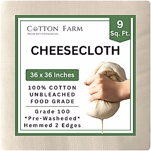 Cotton Farm Cheesecloth, Grade 100; 9* - 18-45 Square Feet (36x36 inch), 100% Natural Unbleached Cotton, Food Grade