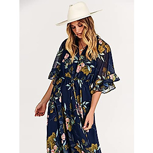 ANRABESS Women's Summer Ruffle Maxi Dress Floral Print 3/4 Bell Sleeve V Neck High Waist Flowy Boho Long Dress 746fenchahua-L