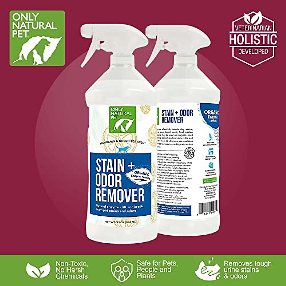 Only Natural Pet Enzyme Powered Stain & Odor Eliminator - Professional Pet Urine Pee Cleaner Deodorizer For Dogs - Hardwood Floors Carpets Upholstery - Fresh Mandarin Orange & Green Tea Scent - 32Floz