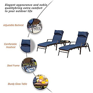 LOKATSE HOME 3 Pieces Outdoor Patio Chaise Lounge Set 2 Adjustable Chairs and 1 Bistro Table with Removable Cushions, Dark Blue