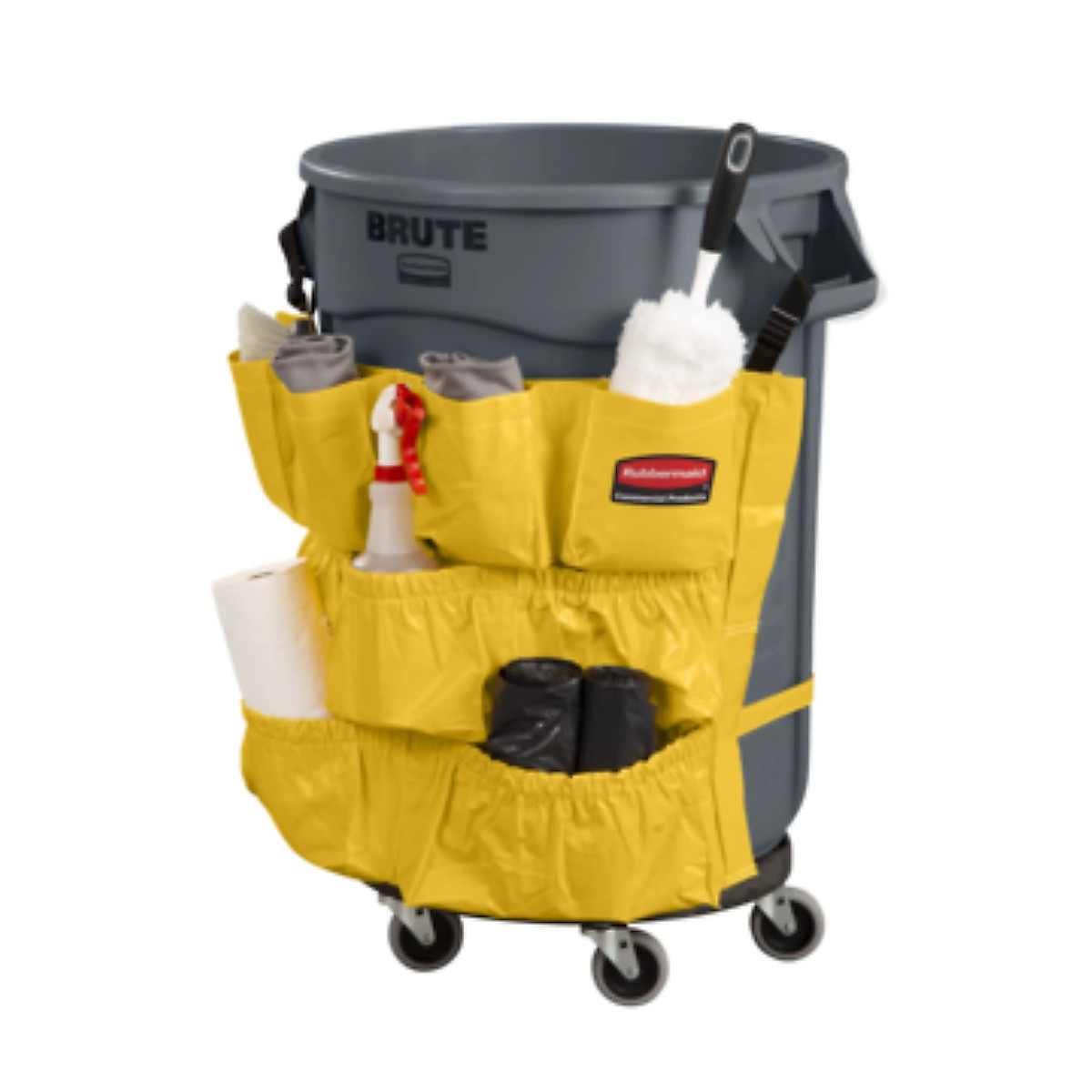 Rubbermaid Commercial Products Supply Organizing Caddy for Brute Trash Cans, Yellow, Tool Organizer Storage for Spray Bottles/PaperTowels/Gloves/Scrub Brush