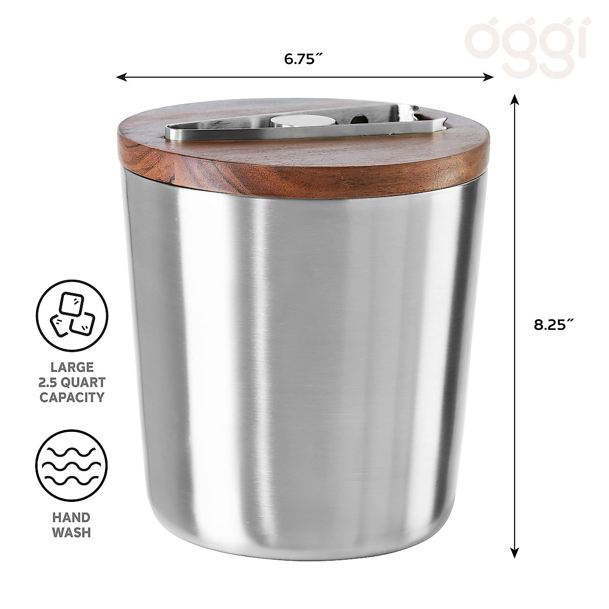OGGI Modernist Satin Stainless Steel Ice Bucket- 2.3 Lt (2.5 Qt), Includes Acacia Wood Lid & Ice Tongs; Ideal as Bar Accessories, Champagne Bucket, Drink Chiller, Ice Bucket for Cocktail Bar