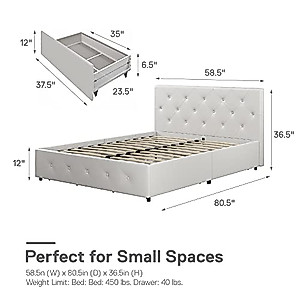 DHP Dakota Upholstered Platform Bed with Underbed Storage Drawers and Diamond Button Tufted Headboard and Footboard, No Box Spring Needed, Full, White Faux Leather