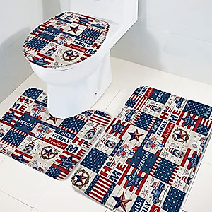 Independence Day 3 Piece Bath Rugs Sets American Flag Patriotic Star 4th of July American Holiday Bathroom Mats Blue Red White Stripes Gnome Non Slip Absorbent U-Shaped Contour Toilet Lid Cover