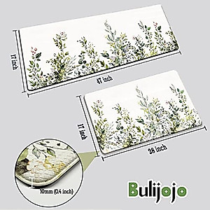 Bulijojo Green Eucalyptus Anti Fatigue Kitchen Floor Mats Set of 2 Waterproof Kitchen Sink Runner Rug Standing Mat Cushioned Kitchen Rugs Comfort Doormat 17"x47"+17"x28"