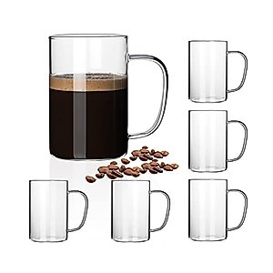 HORLIMER 16 oz Glass Coffee Mugs Set of 6, Clear Coffee Cup with Handle for Tea Cappuccino Latte Milk Juice Hot Beverages