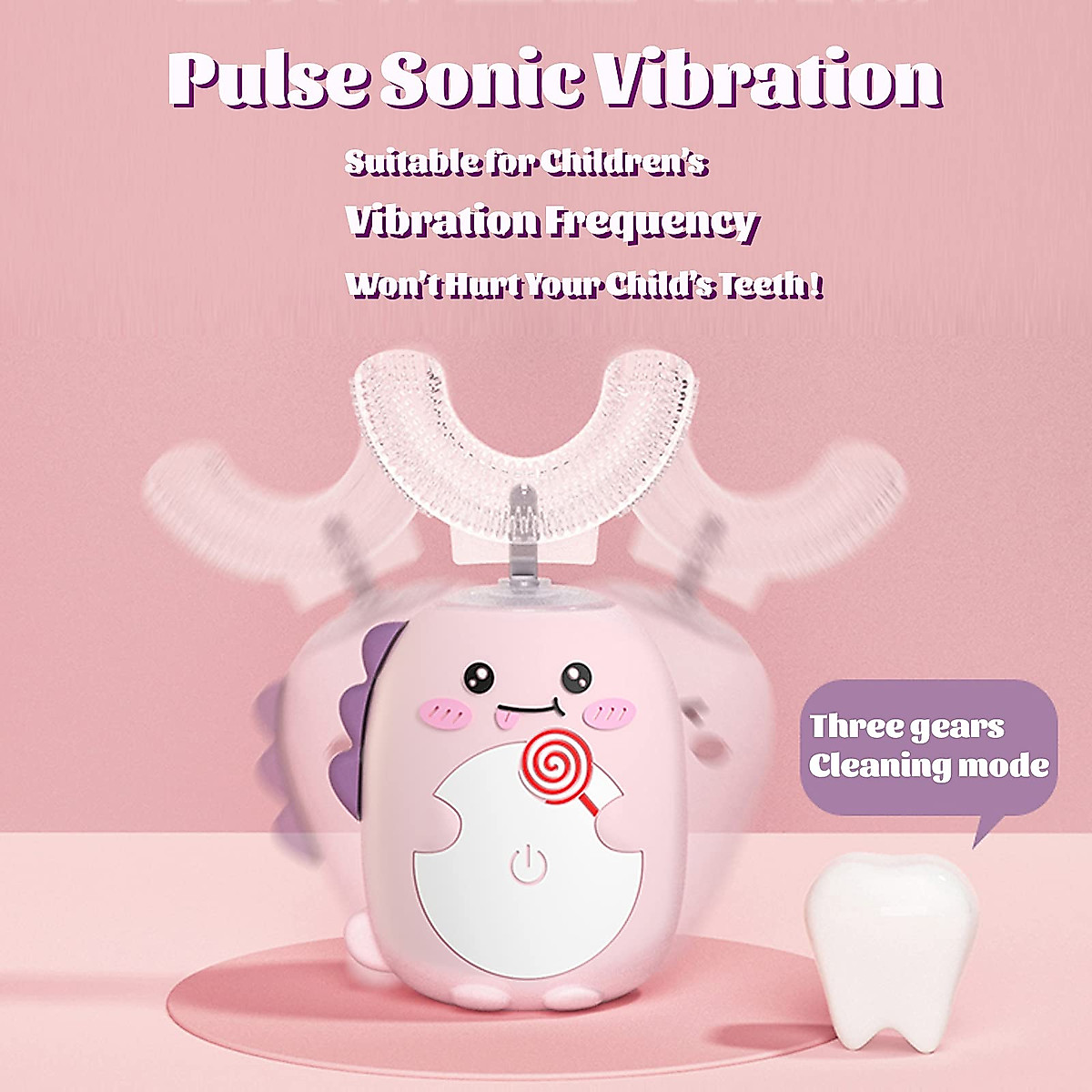 TUTULOO Electric Toothbrush for Kids 2-8 Years, IPX7 Waterproof, Easy to Clean U-Shaped Silicone Brush Head, Tooth Brush with 3 Modes for Girls(Pink)