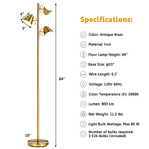 Tangkula 3-Light Floor Lamp, 64” Mid Century Modern Standing Tall Pole Lamp with 3 LED Bulbs and Adjustable Heads, Reading Light for Living Room Bedroom, 360 Lighting (Antique Brass)