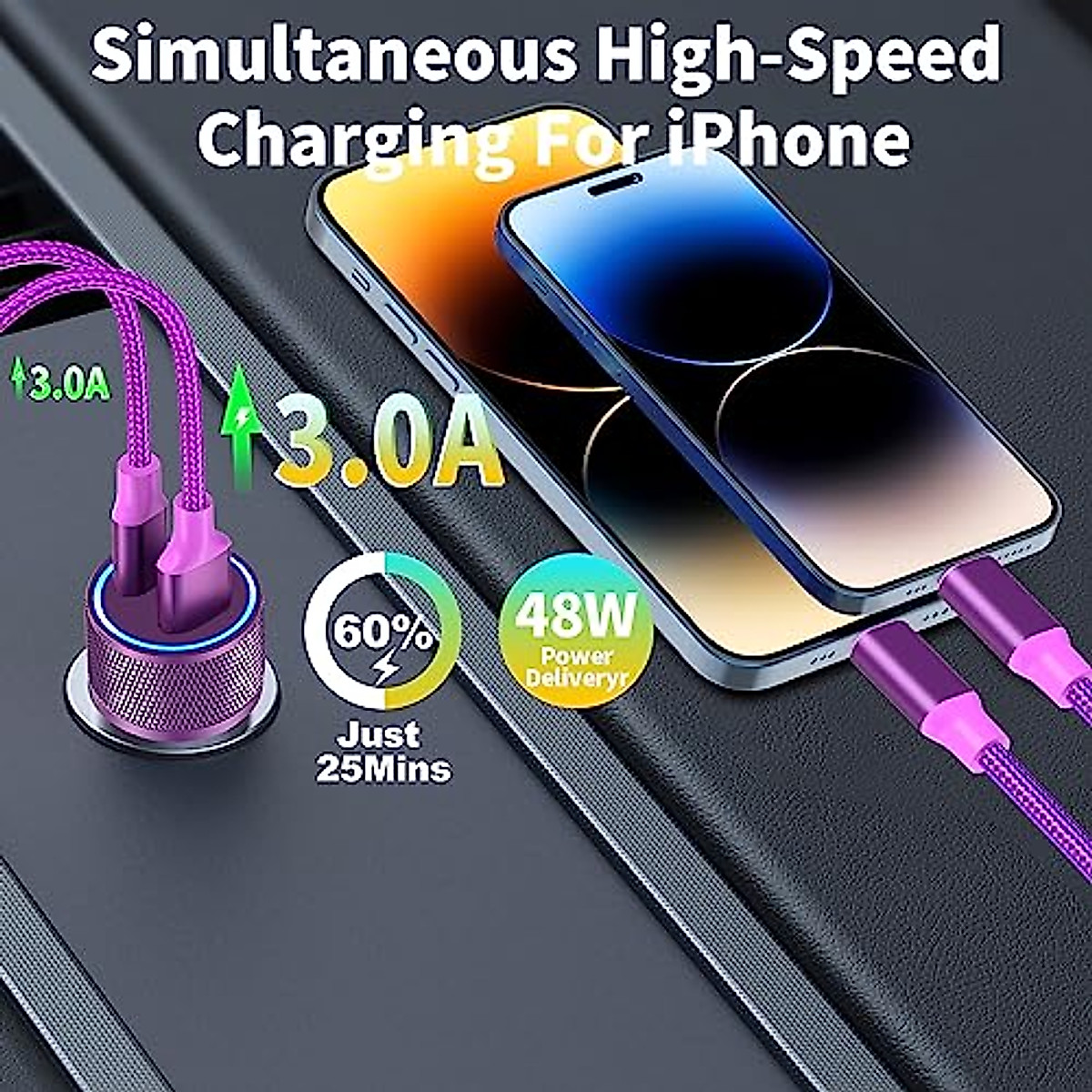 [Apple MFi Certified] iPhone Fast Car Charger, Veetone 48W Dual Port USB-C PD/QC3.0 Power Car Charger Adapter + 2 Pack Lightning Braided Cable Quick Charging for iPhone 14 13 12 11 Pro/XS/XR/SE/X/iPad