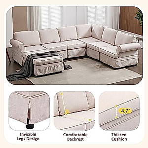 Merax 108.6" Fabric Upholstered Sectional Sofa,Modular Customizable Couch with Removable Ottoman for Living Room,Linen L U Shaped, Beige
