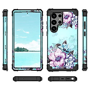 Casetego Compatible with Galaxy S23 Ultra 5G Case,Floral Three Layer Heavy Duty Sturdy Shockproof Full Body Protective Case with 2 Pack Camera Lens Protector for Samsung S23 Ultra,Blue Flower