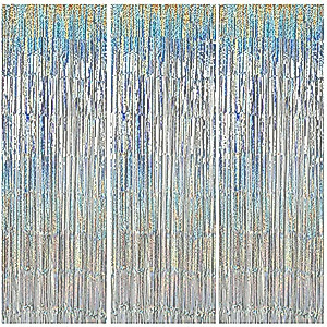 3 Pcs Sliver Metallic Foil Curtains,3.28ft x 6.56ft Laser Glitter Fringe Rain Curtain Shine Photo Booth Backdrop Tinsel Curtain Streamer for Wedding Christmas New Year Baby Shower Bachelorette Party
