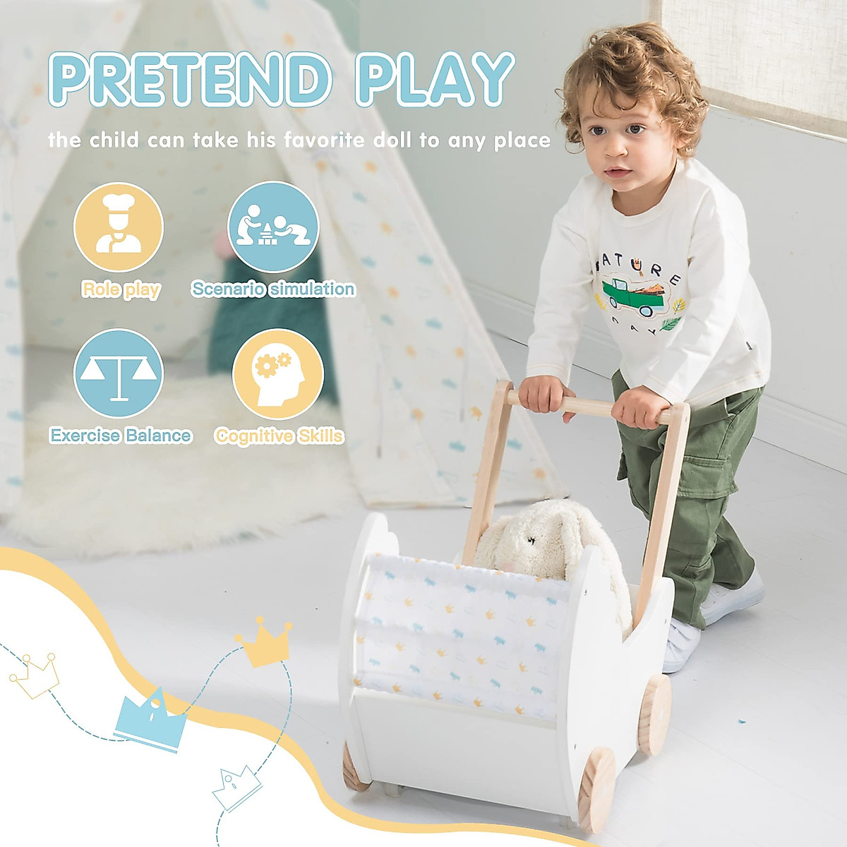 Crown Children 2-in-1 Baby Learning Walker Wooden Strollers- Toddler Baby Push Walker Toys with Wheels for Girls Boys 1-3 Years Old, Wagon Toy Walkers Sturdy Construction (Boat)