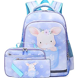 Backpacks for Girls Bunny Backpack Kids School Backpack With Lunch Box, Pencil Case, 3 in 1 Bookbag Set Preschool Kindergarten Elementary Backpack for Age 3+ (Purple Rabbit)