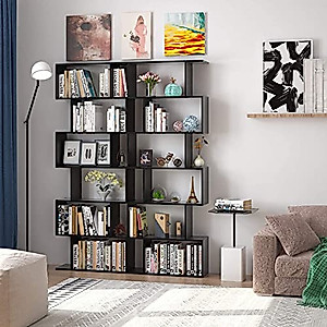 Function Home Geometric Bookcase Wood, S Shaped Bookshelf 6-Tier, Modern Freestanding Multifunctional Decorative Storage Shelving Display Shelves, Black Book Shelf Tall Narrow for Bedroom Living Room