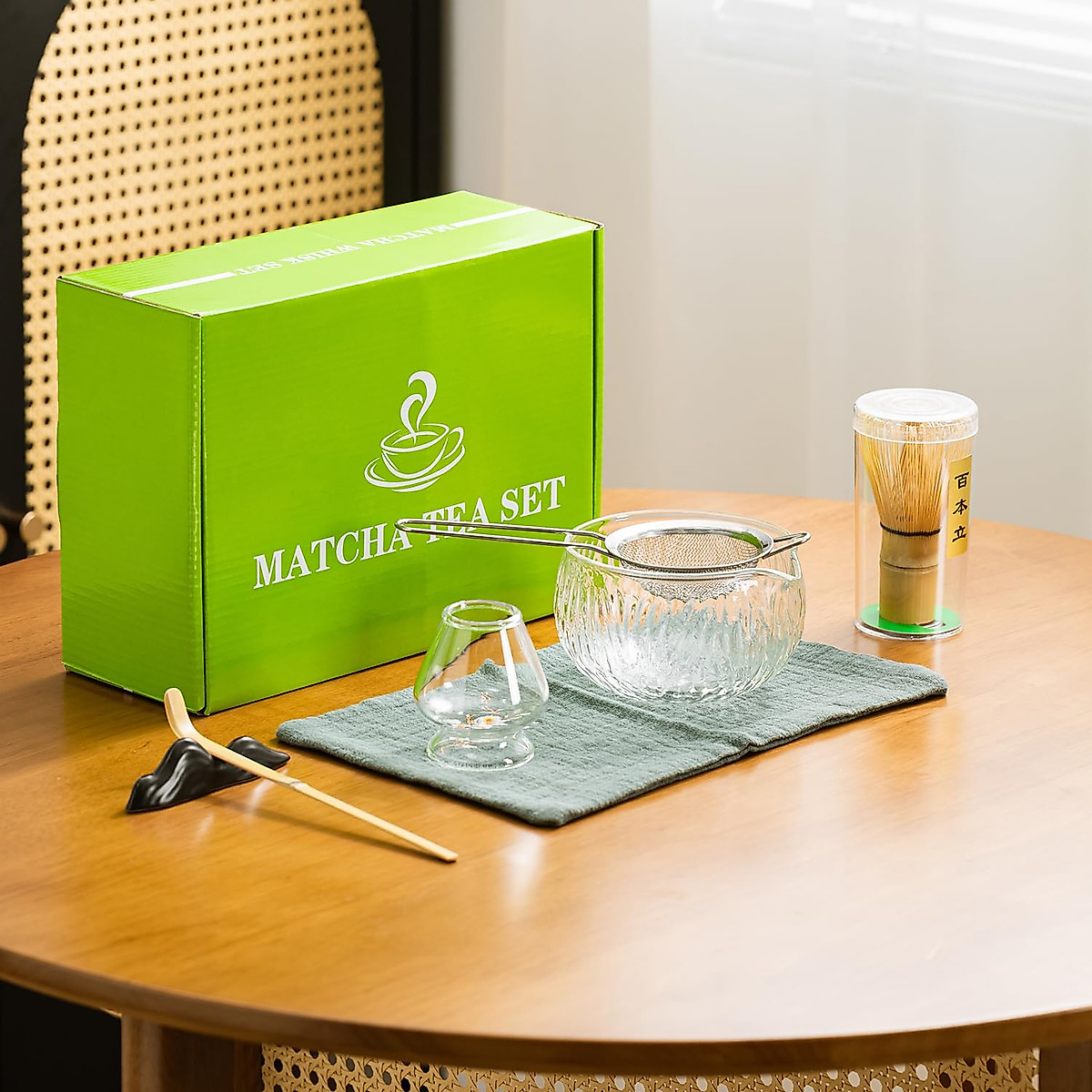 DWEHIXBUY Japanese Tea Set (7pcs) Matcha Whisk Set Matcha Bowl with Pouring Spout Bamboo Matcha Whisk (chasen) Scoop (chashaku) Matcha Whisk Holder Tea Making Kit. WHITE GLASS