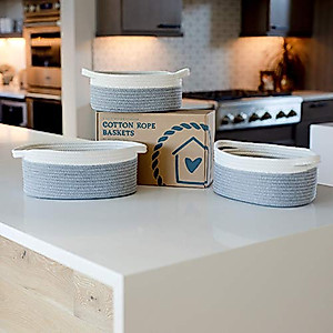 NaturalCozy 3-Piece Oval Storage Basket Set– Natural Rope Woven Baskets for Storage, Gift Basket Empty, Toy Basket, Soft Baby Basket for Nursery, Cat Dog Toy Baskets, Small Basket (Off White & Gray)