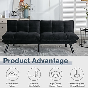 Convertible Memory Foam Futon Couch Bed, Leather Futon Sofa Bed, Folding Modern Sleeper Sofa with Quick Adjustable Armrest and Backrest for Studio Apartment/Home Office/Small Space (Black) (Black)