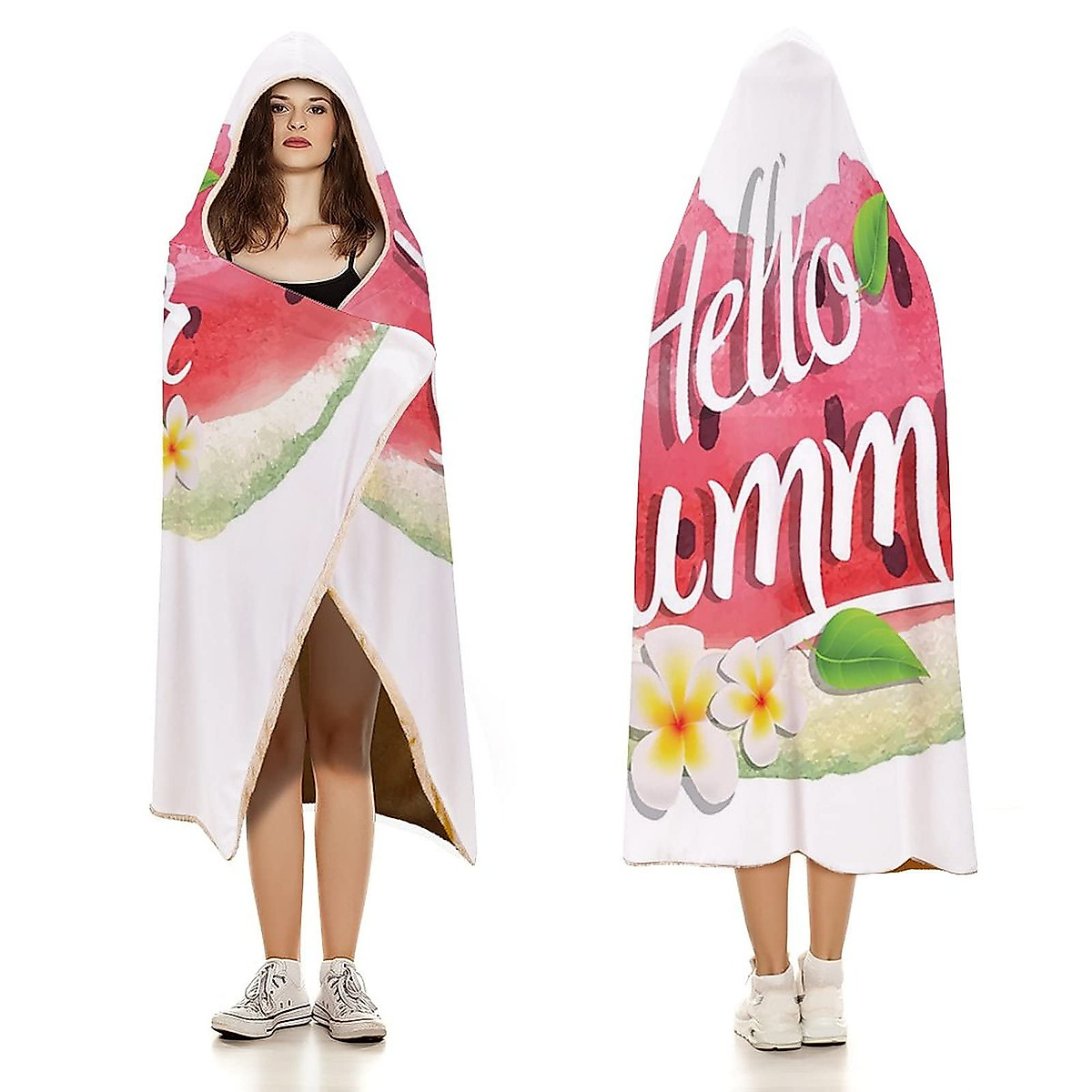 Hooded Blanket Poncho, Watercolor Decor Women Men Hooded Blanket, Hello Summer Motivational Quote with Fresh Watermelon, Soft Warm Cozy, 50 x 60inches, Studying Reading Snuggling Napping Office