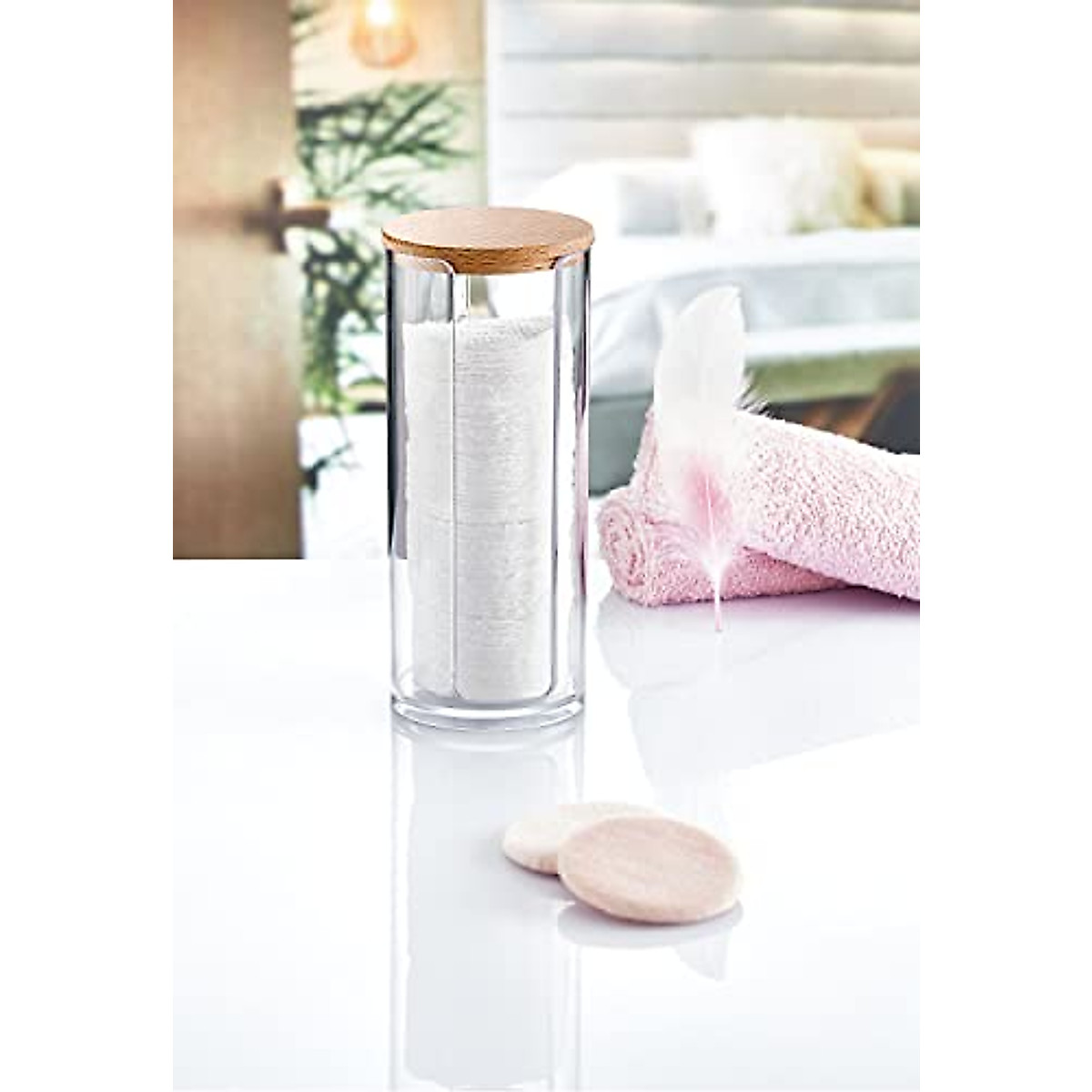 Boxup Air Tight Canister Storage Container with Wooden Lid Holder Bathroom Jars Canisters for Cotton Ball Swab Pad Storage Dispenzer