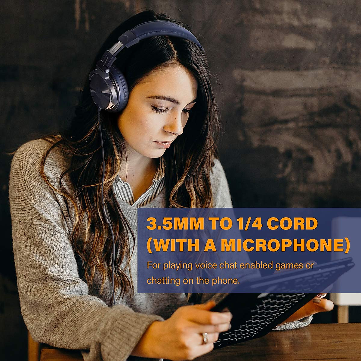 OneOdio Over Ear Headphone, Wired Bass Headsets with 50mm Driver, Foldable Lightweight Headphones with Share Port and Mic for Recording Monitoring Mixing Podcast Guitar PC TV (Dark Blue)