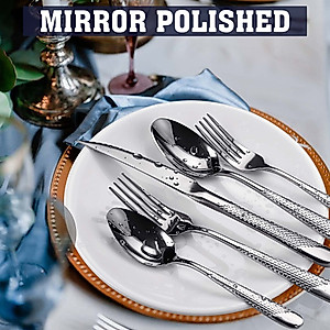 Hammered Silverware Set, 20-Piece Stainless Steel Flatware Cutlery Set for 4,Modern Kitchen Utensils Tableware Set Includes Dinner Knives/Forks/Spoons,Mirror Polished Dishwasher Safe