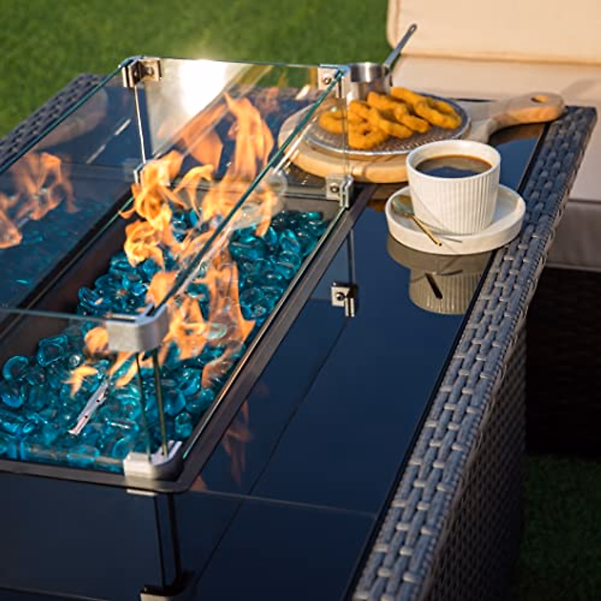 Propane Fire Pit Table, 44" Auto-Ignition Firepit Table for Outside, 50,000 BTU Outdoor Rattan & Wicker Gas Fire Table with Glass Wind Guard for Patio, Pool, Backyard, ETL Certification (Grey)