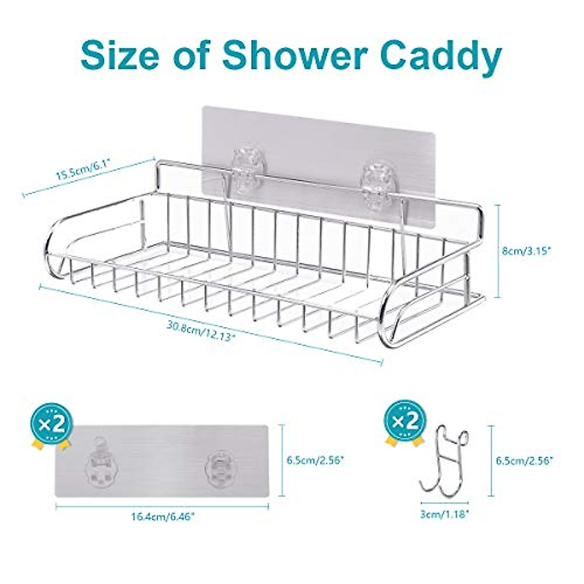 GEMITTO Shower Caddy, SUS304 Stainless Steel Self-Adhesive Bathroom Organizer Rack with 2 Stickers+2 Hooks, No Drilling for Shampoo Conditioner Kitchen Spice Storage Silver