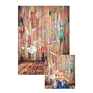 Leowefowa Back to School Backdrop 5x7ft Vinyl Photography Backdrops Hand Painted Pencils House Books on Vintage Retro Stripes Wood Floor Background Baby Kids Children Photo Studio Props