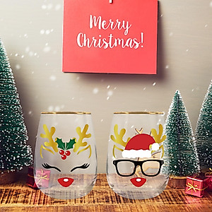 Whaline 17oz Christmas Novelty Stemless Wine Glasses with Gold Rimmed 2Pcs Reindeer Drinking Glasses for Christmas Party Event Supplies Kitchen Decor Gift