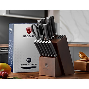 BRODARK Kitchen Knife Set, Ultra Sharp 15 Pcs Knife Set with Block, Full Tang Chef Knife Set, High Carbon Stainless Steel Knife Block Set with Sharpener, Wooden Handle