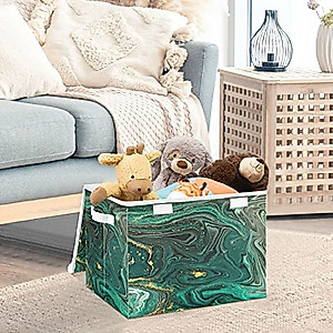 RunningBear Green Marble Large Storage Bins with Lid Collapsible Storage Bin Closet Organizers Foldable Storage Bins for Laundry Room Balcony