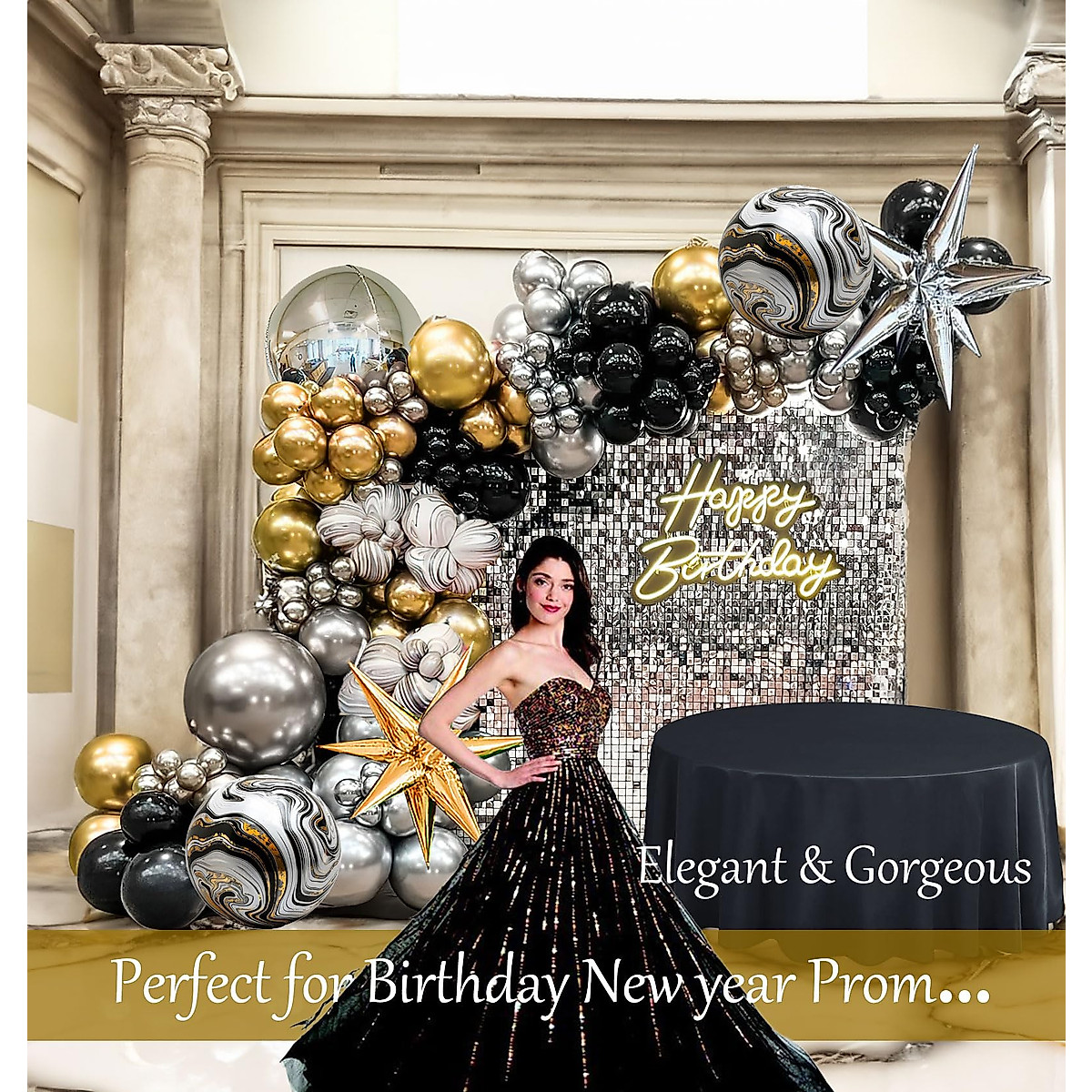 Black and Gold Silver Balloon garland arch kit 135Pcs With Starburst 4D agate balloons for Birthday 2025 new year eve graduation retirement Party Decorations