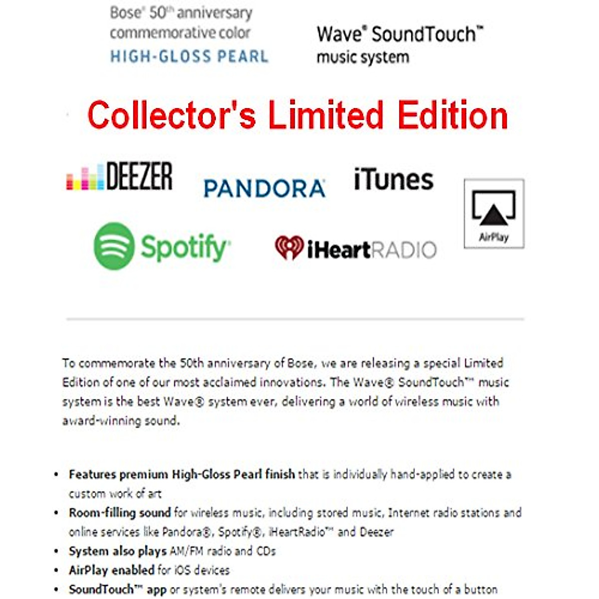 Bose Wave SoundTouch Music System III in High-Gloss Pearl White, Limited Edition Bose @ 50 th Year Anniversary, Rare Commemorative Collectible