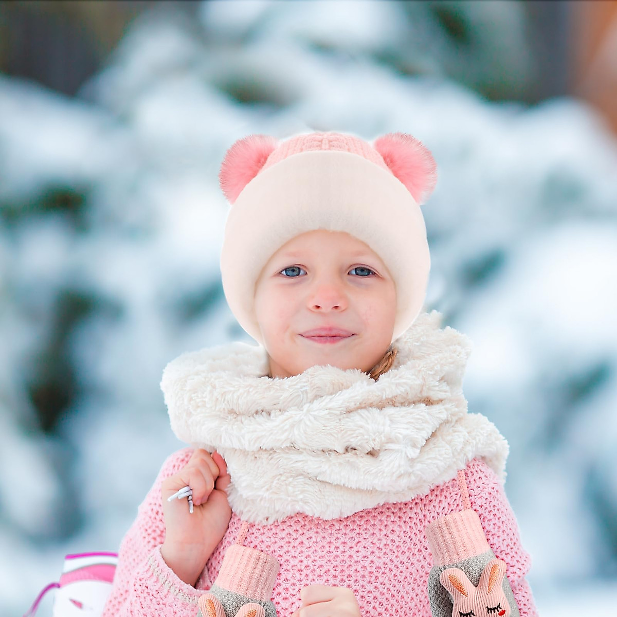 Baby Winter Hat Scarf Set with 2 Pack Mittens, Baby Winter Hat Set, Toddler Winter Hat with Neck Warmer, Fleece Lined Girls Boys Infant Winter Hat Set, Kids Winter Hat Scarf Earflap Hood Skull Caps